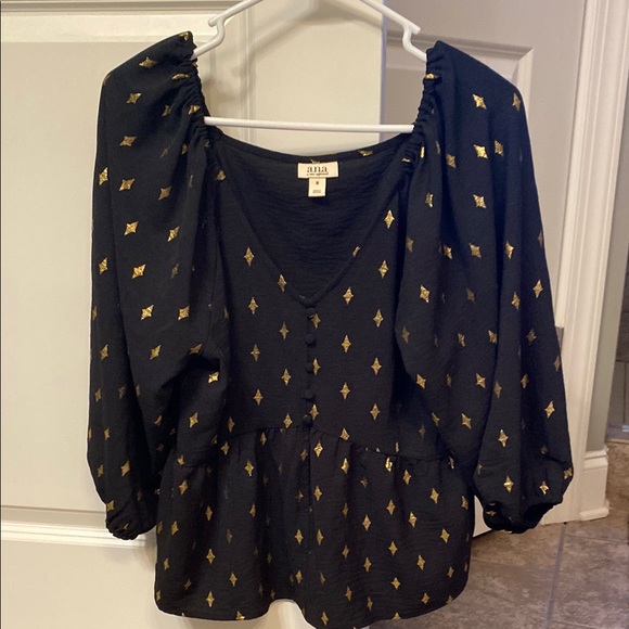a.n.a | Tops | Ana Blue Gold Puff Sleeve Ruffled Blouse | Poshmark